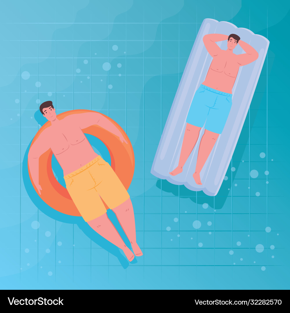 Men in shorts lying down on inflatables floats Vector Image