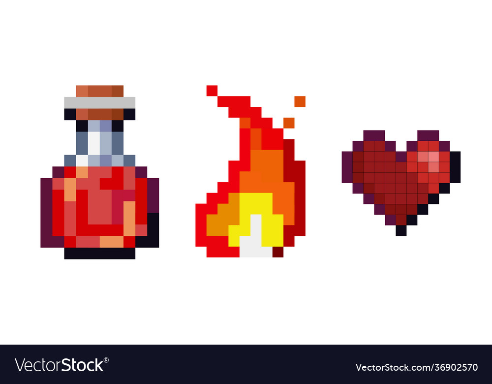 Set pixel objects potion bottles fire Royalty Free Vector