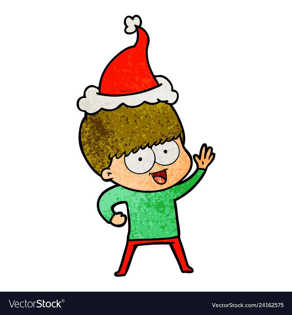 Happy textured cartoon of a boy wearing santa hat Vector Image