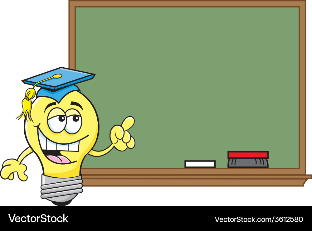 Cartoon light bulb pointing to a black board Vector Image
