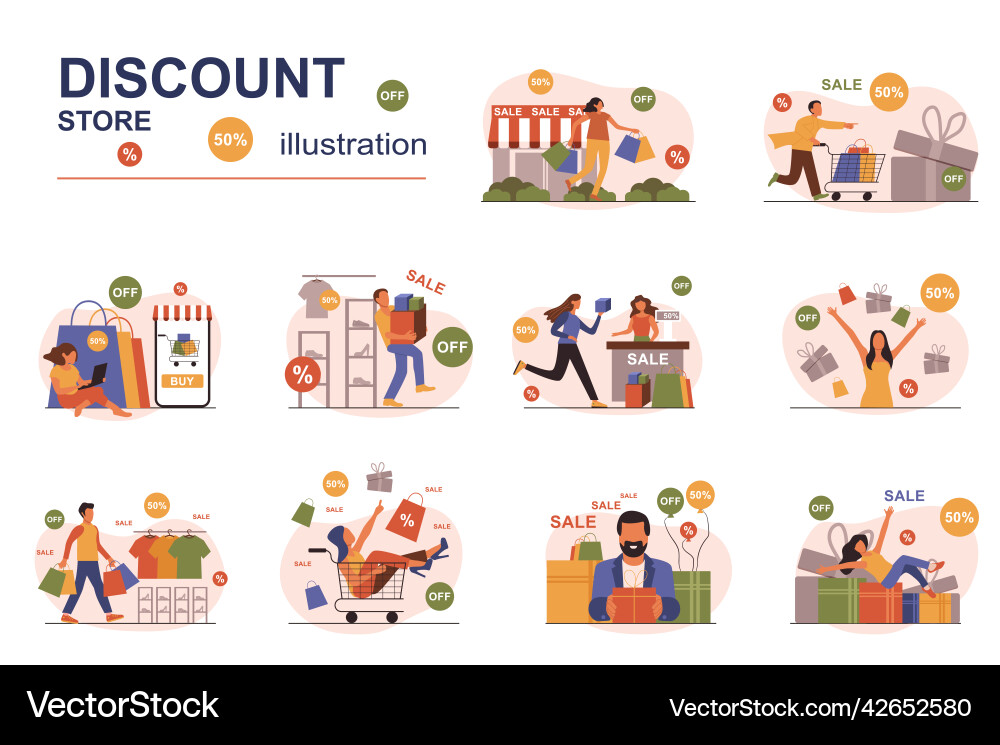 Discount store concept with people scene set Vector Image