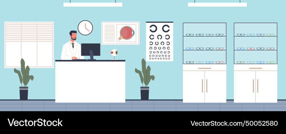 Optical store with trendy glasses on shelf Vector Image