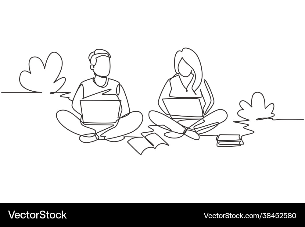 Single one line drawing couple with laptop Vector Image