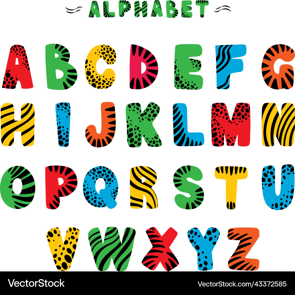 Child font alphabet color dinosaur text Royalty Free Vector