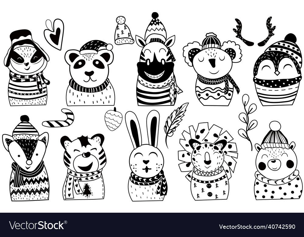 Black and white cute christmas animals fox tiger Vector Image
