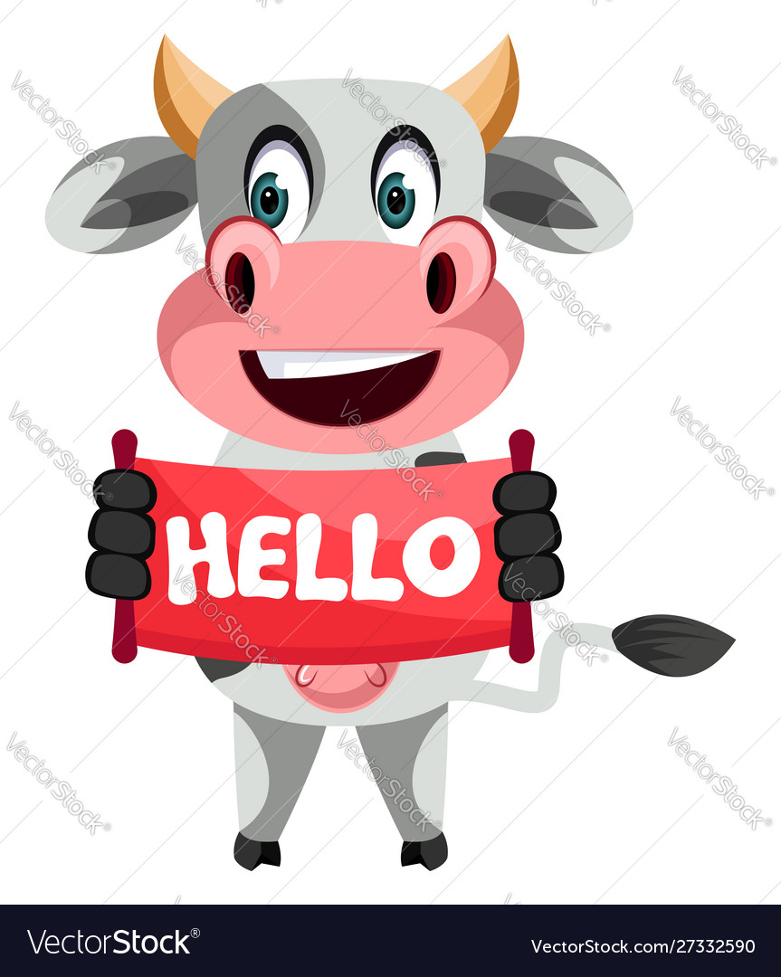 Cow with hello sign on white background Royalty Free Vector