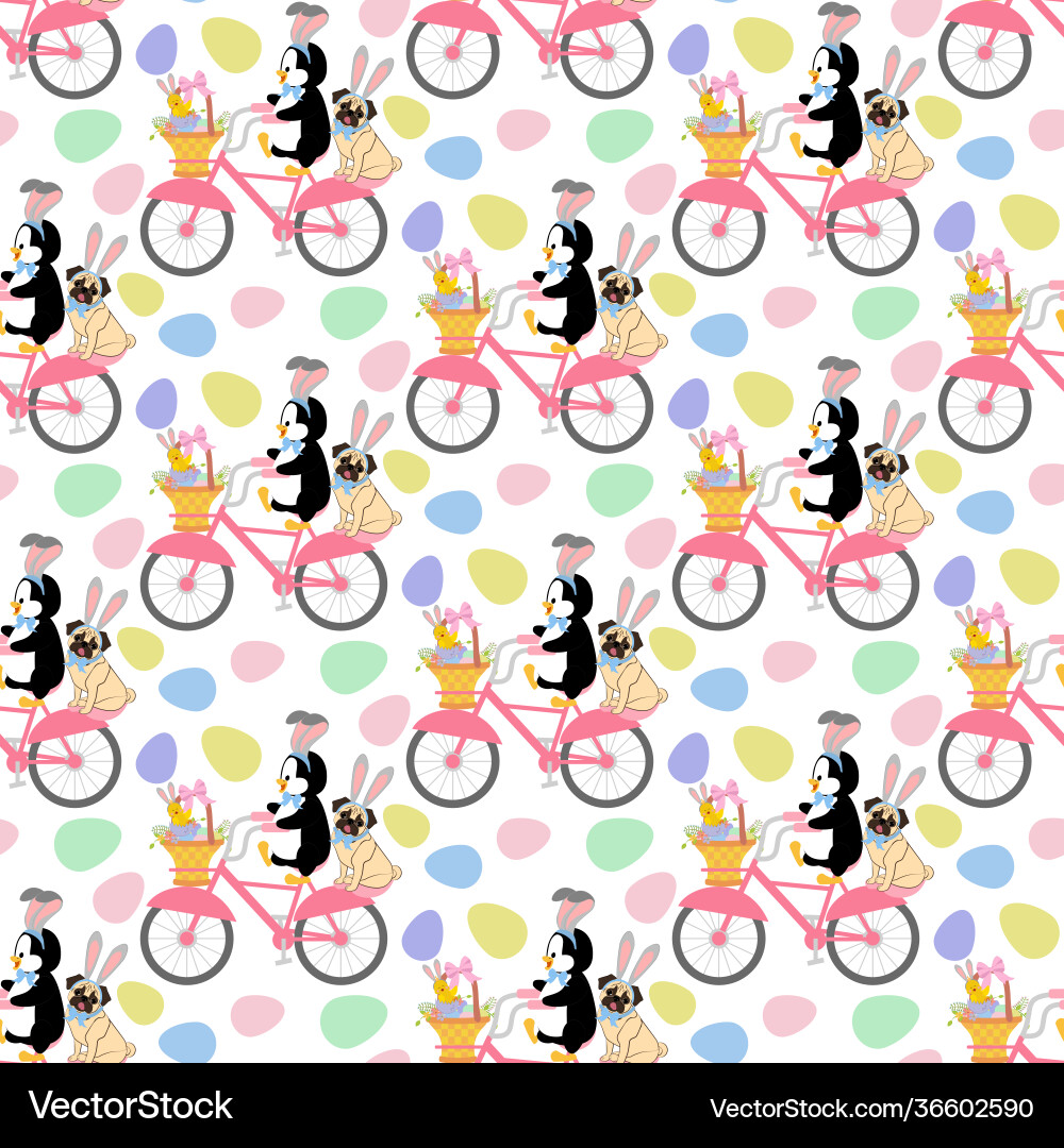 Pug penguin and chicken riding bicycle Royalty Free Vector