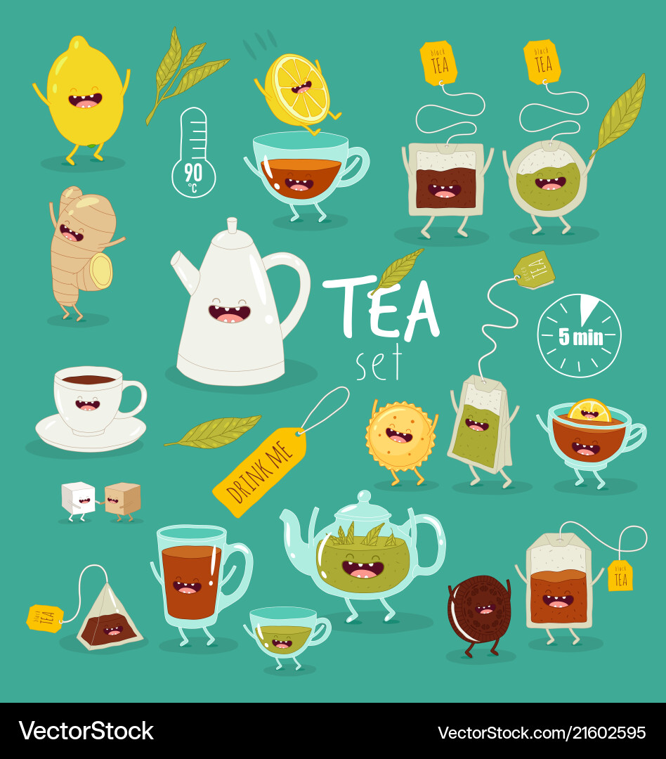 Animated tea accessories invite to drink Vector Image