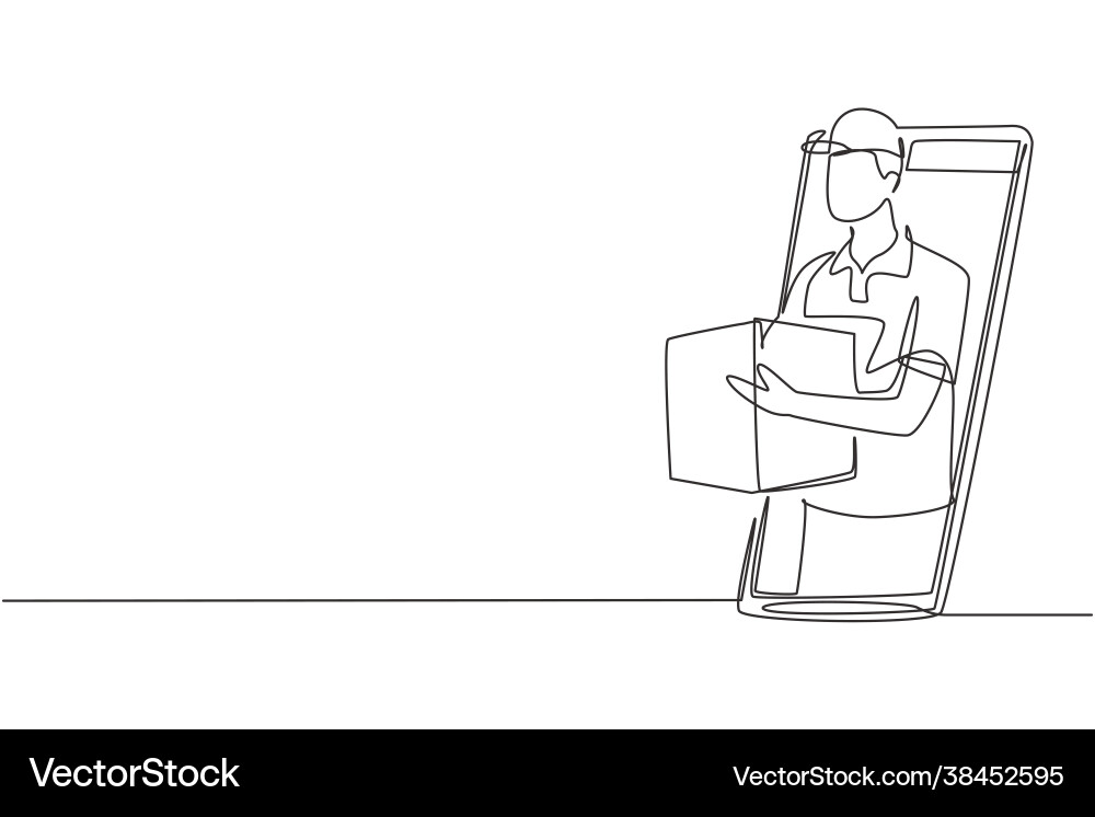 Continuous one line drawing male courier delivers Vector Image
