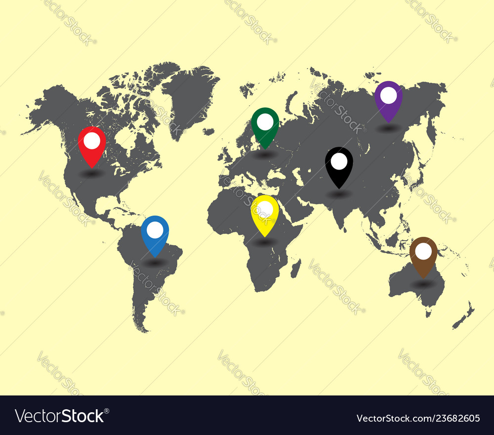 World map with colored pointers Royalty Free Vector Image