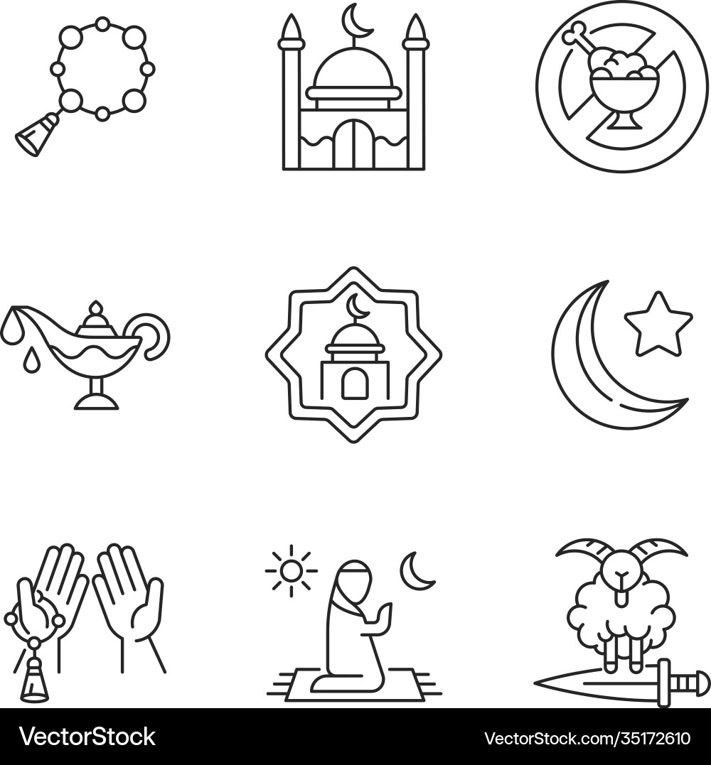 Muslim religious traditions linear icons set Vector Image