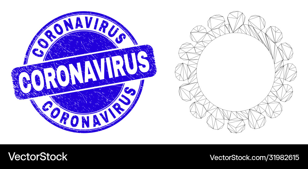Blue scratched coronavirus stamp and web carcass Vector Image