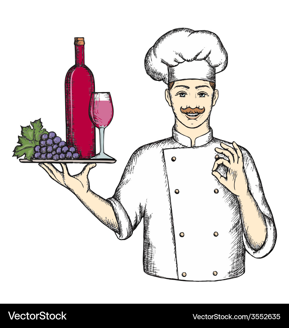 Chef with a tray wine and grapes Royalty Free Vector Image