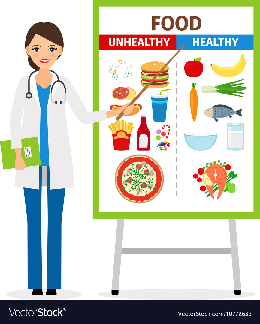 Nutritionist with diet food poster Royalty Free Vector Image
