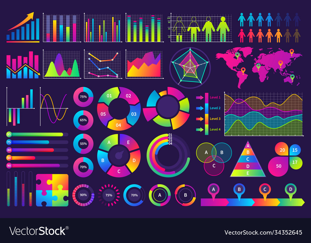 Graph charts business collection glowing colorful Vector Image
