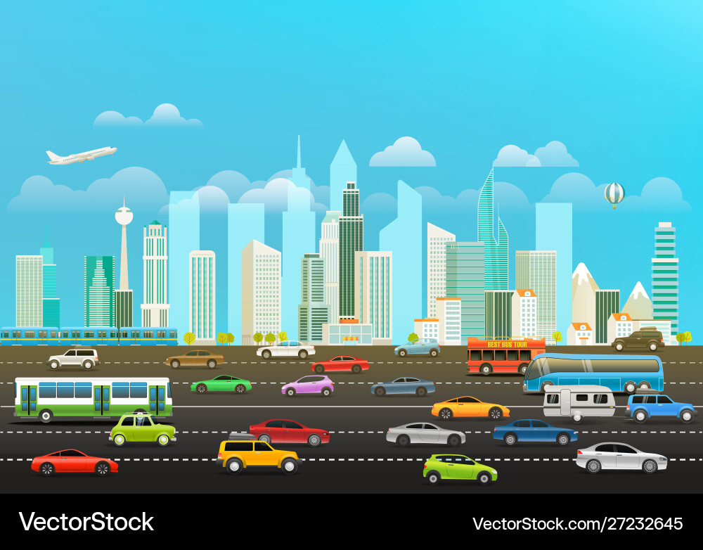 Modern cityscape with scyscrapers and different Vector Image