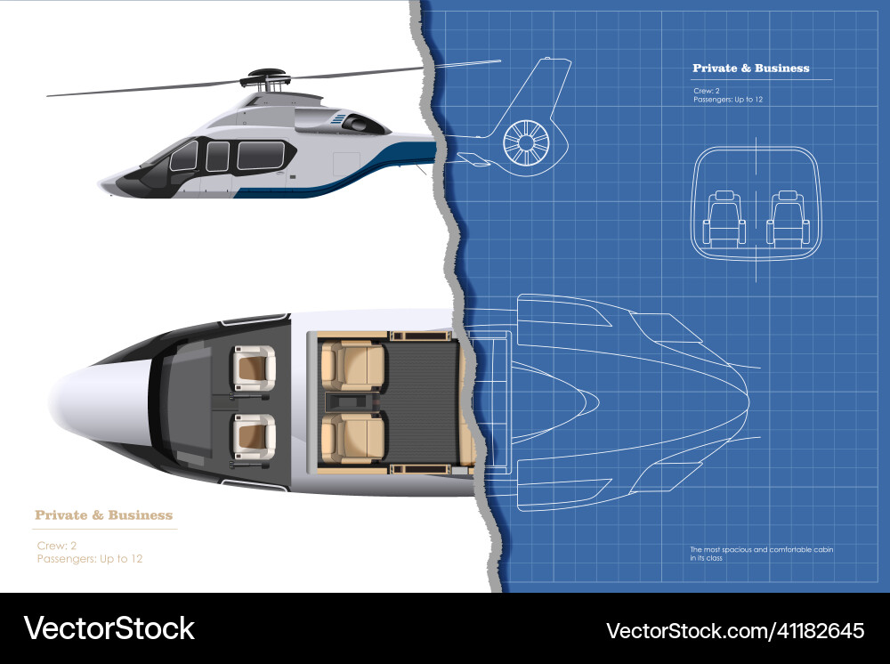 Outline private helicopter interior 3d blueprint Vector Image