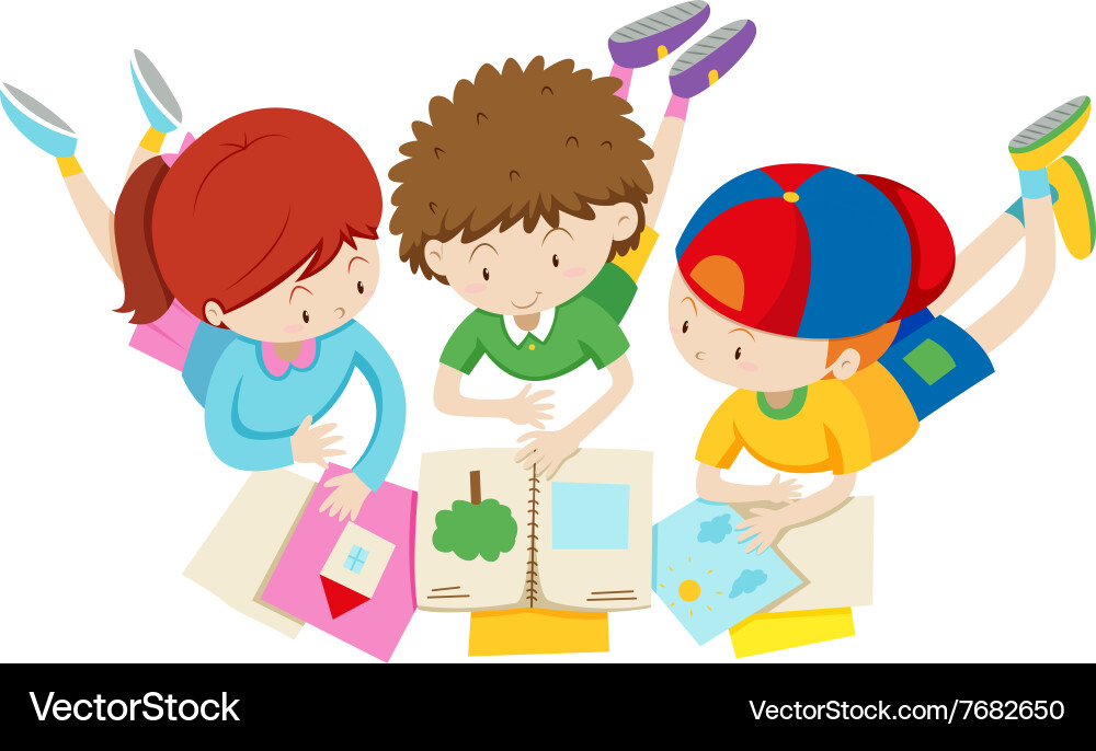 Children in group reading and discussing Vector Image
