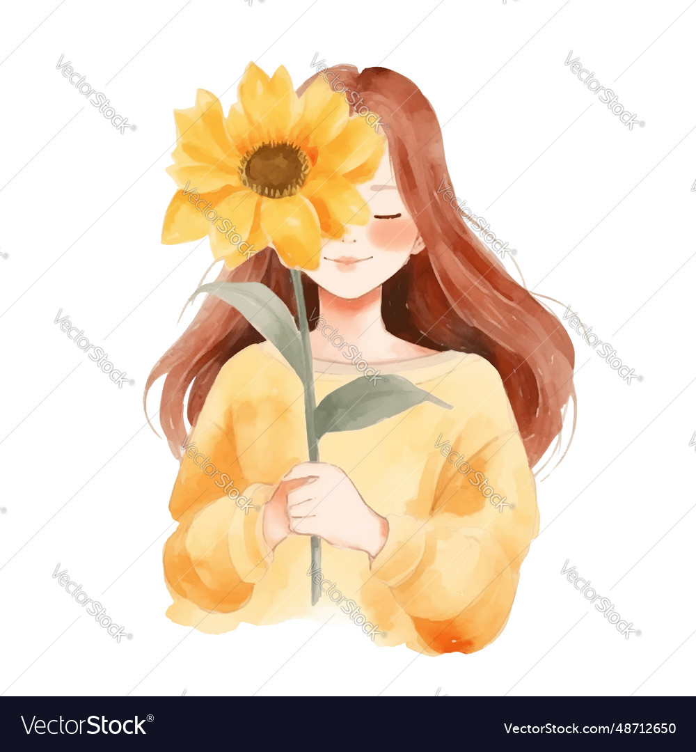 Cute girl holding a sunflower watercolor Vector Image