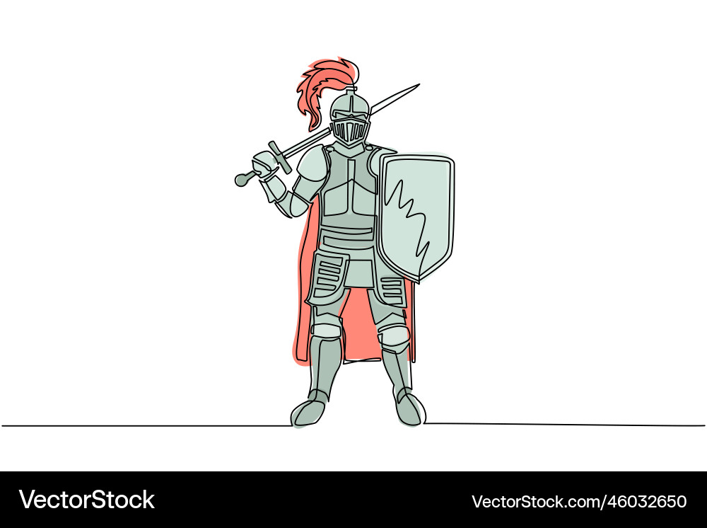 Single one line drawing medieval knight standing Vector Image