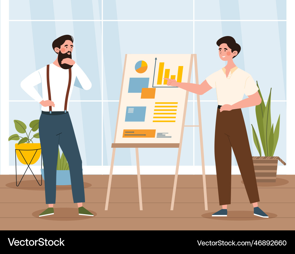 Businessman standing at board Royalty Free Vector Image