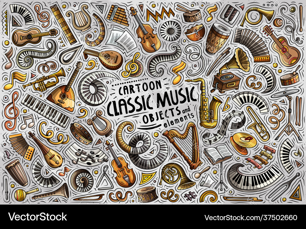 Cartoon set classic music theme items objects Vector Image
