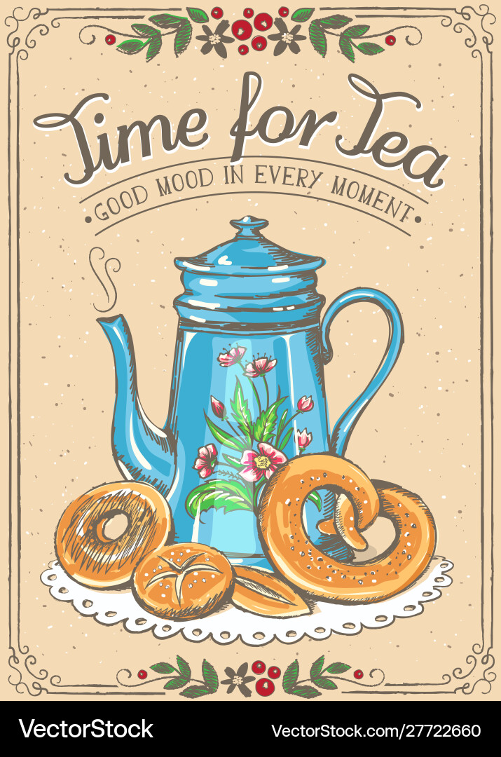 Retro time for tea with teapot and bakery Vector Image