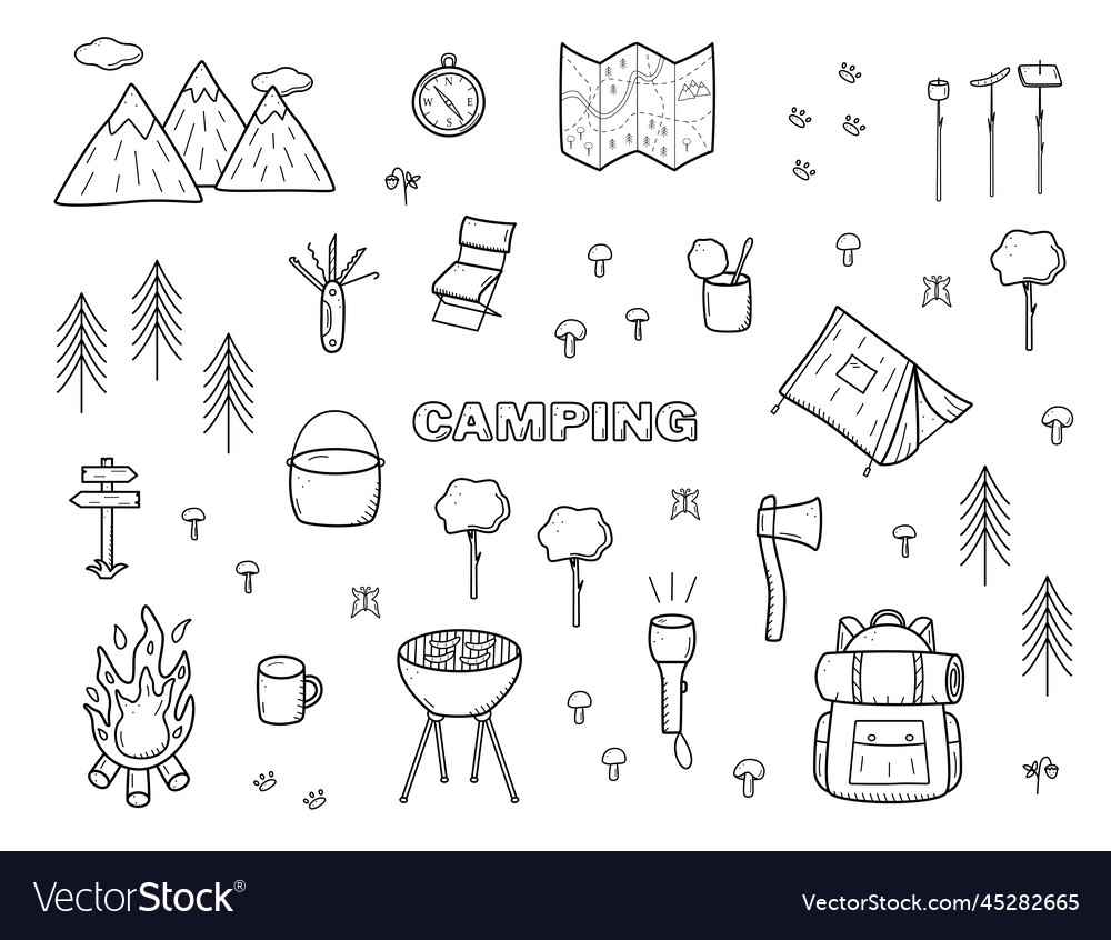 Camping doodle icons set Royalty Free Vector Image
