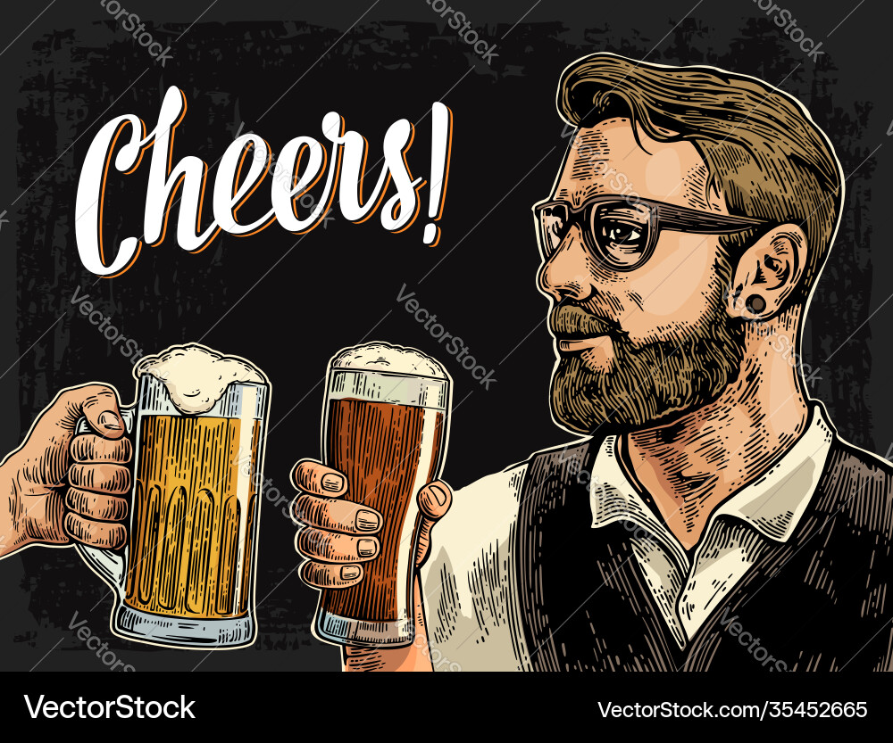 Hipster holding glass beer and clinking Royalty Free Vector