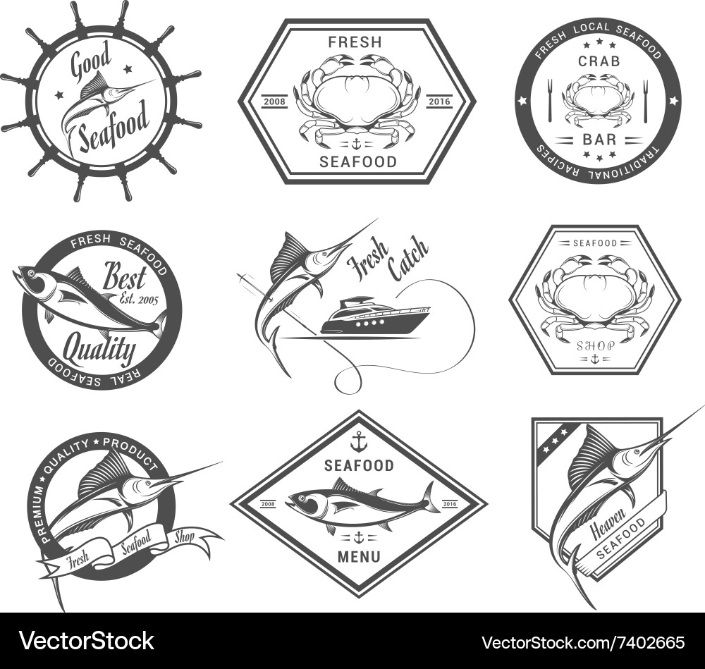 Set seafood labels and signs Royalty Free Vector Image