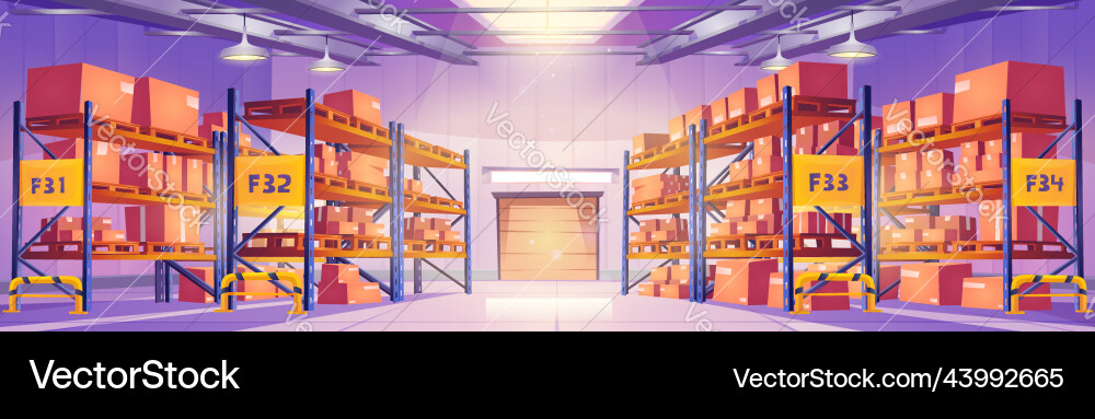 Warehouse with cardboard boxes on metal racks Vector Image