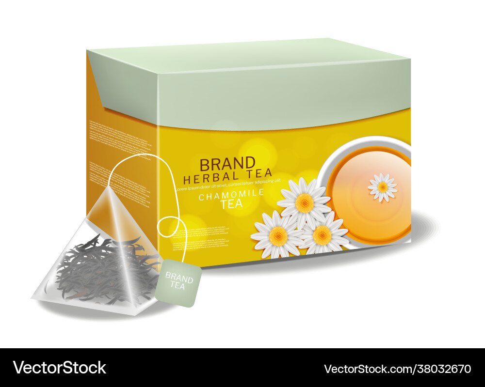 Chamomile tea pack in triangle bags infusion Vector Image