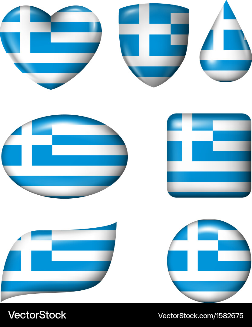 Greece flag in various shape glossy button Vector Image
