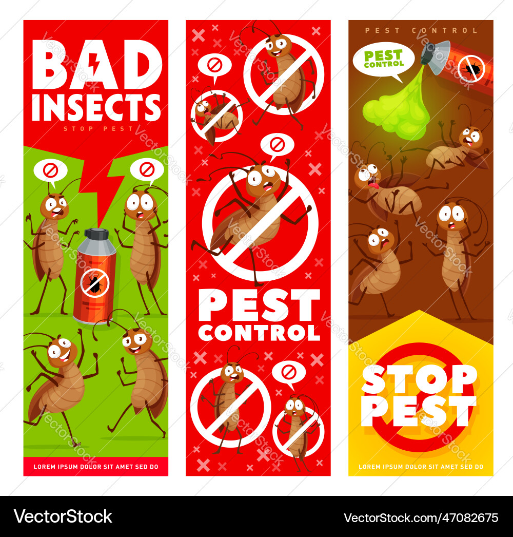 Pest control banner with funny cockroach character