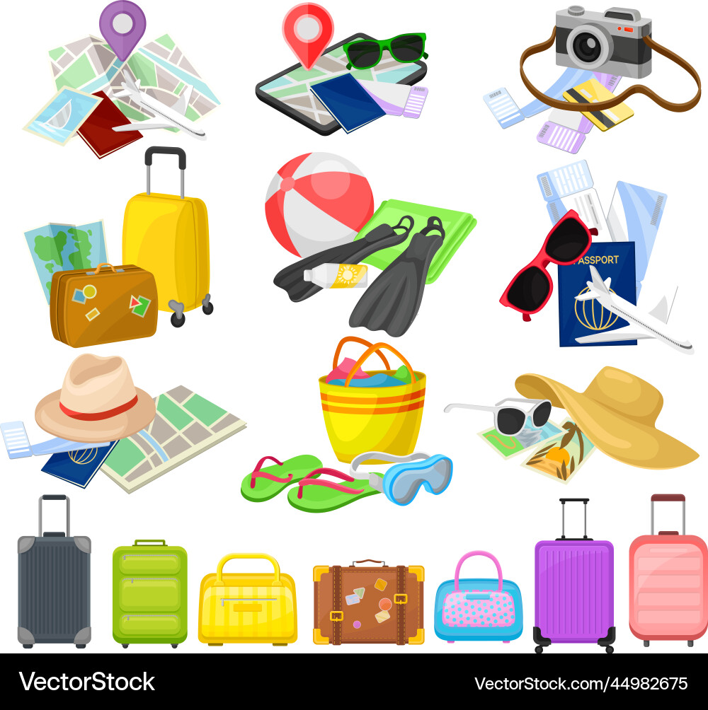 Travel stuff with suitcase and accessories Vector Image