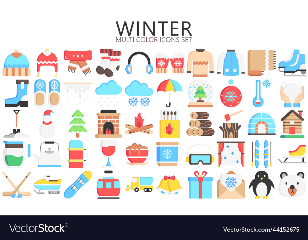 Winter and christmas multi color icons set Vector Image