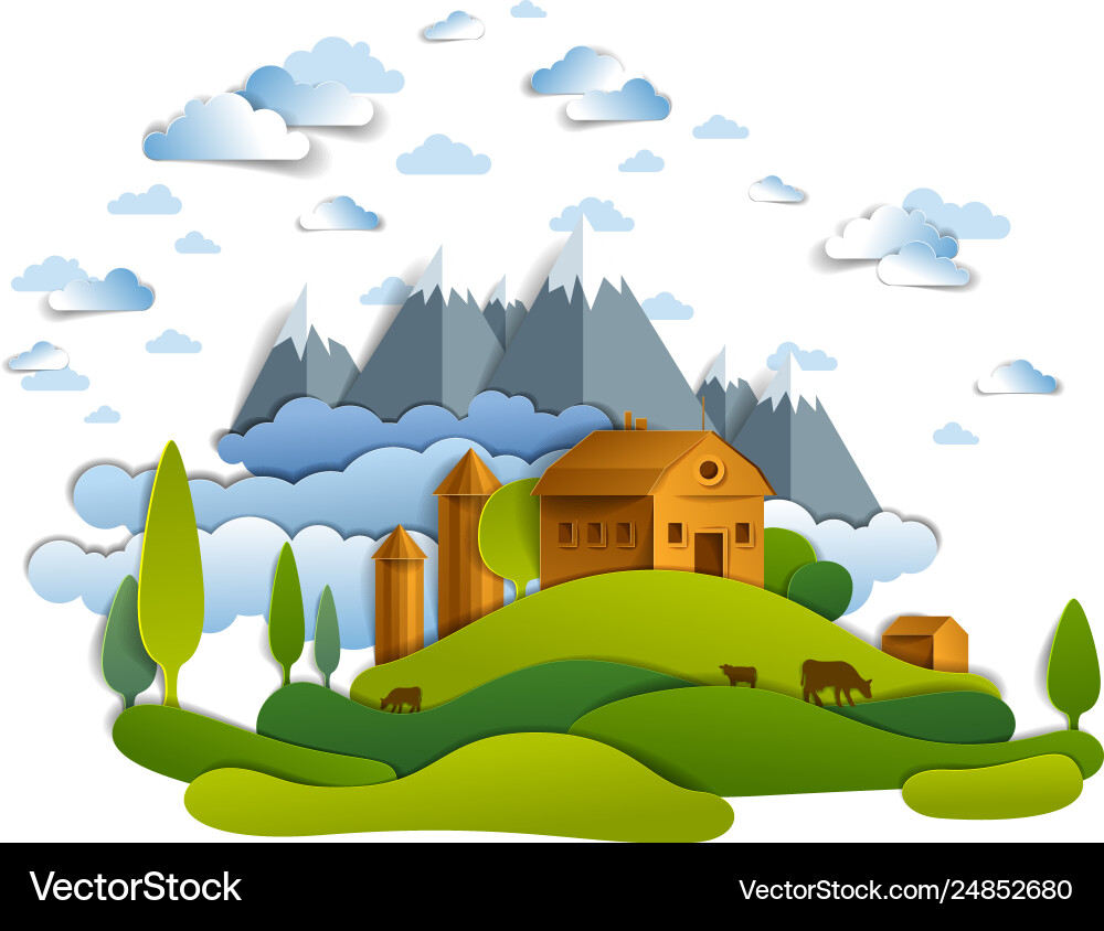 Farm in scenic landscape fields and trees Vector Image