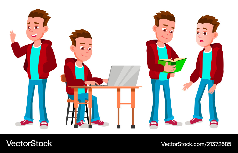 Boy schoolboy kid poses set high school Royalty Free Vector