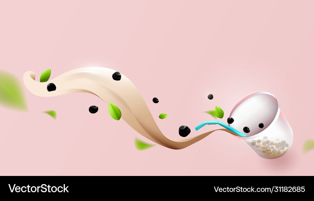 Bubble milk tea and splashing milk in composition Vector Image