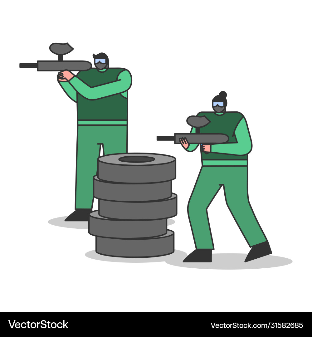 Paintball players teammates attack enemy hiding Vector Image