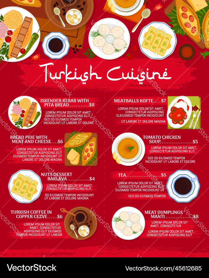 Turkish cuisine restaurant menu page Royalty Free Vector