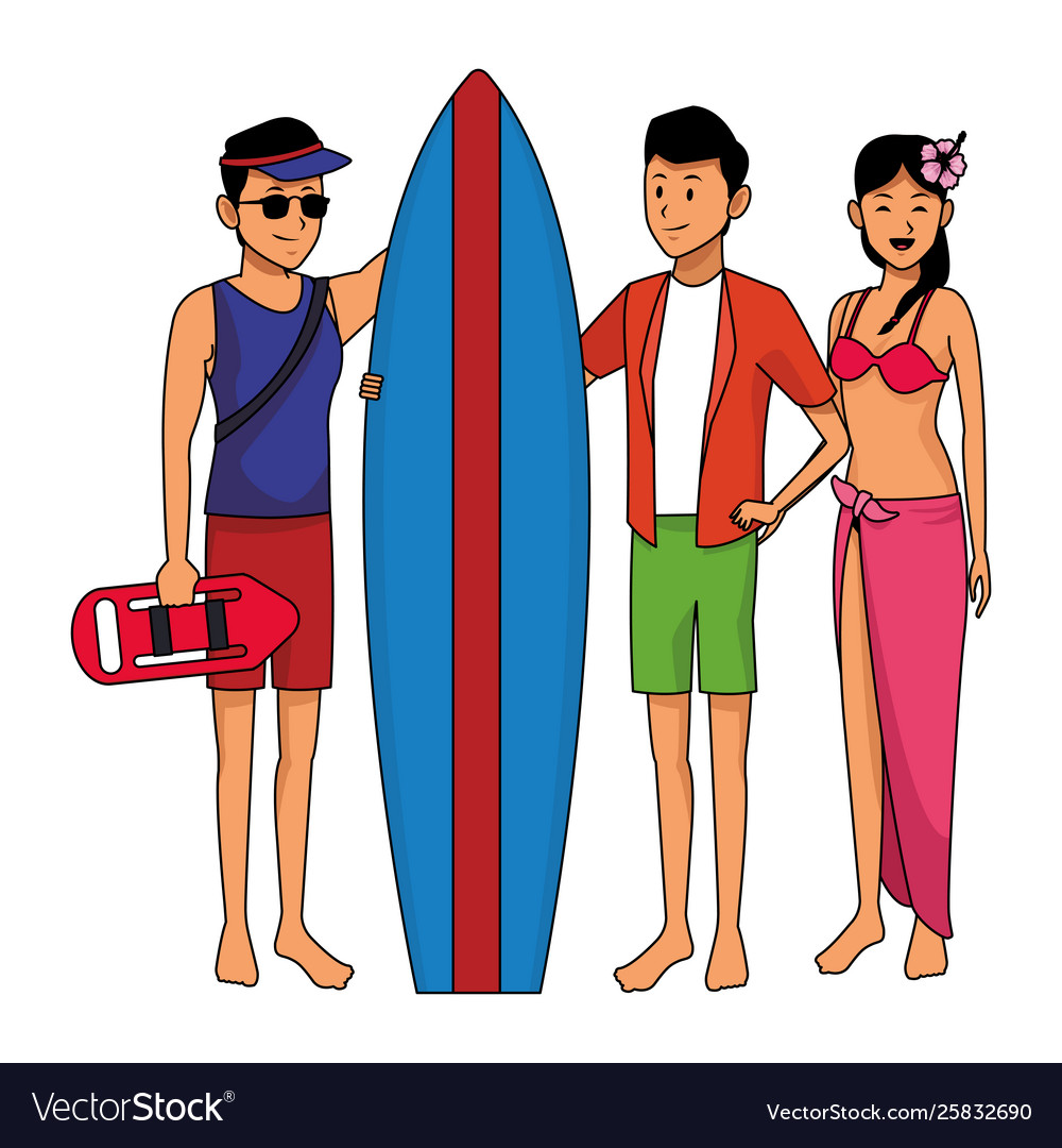Friends with surf table summer cartoons Royalty Free Vector