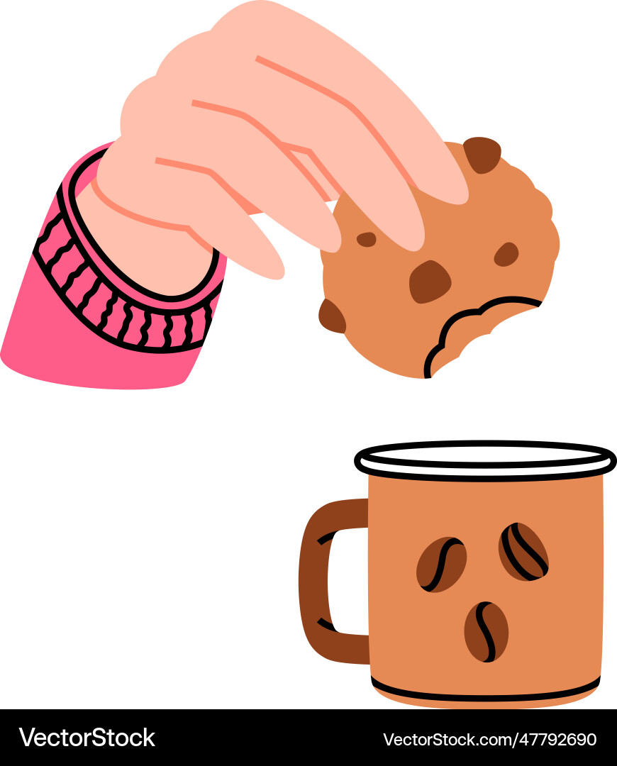Hand holding cookie and coffee cup with aromatic Vector Image