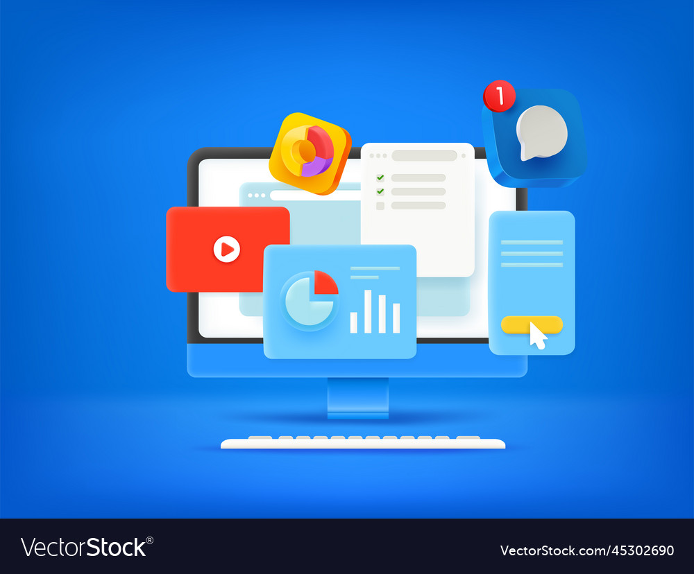 Working with computer 3d concept Royalty Free Vector Image