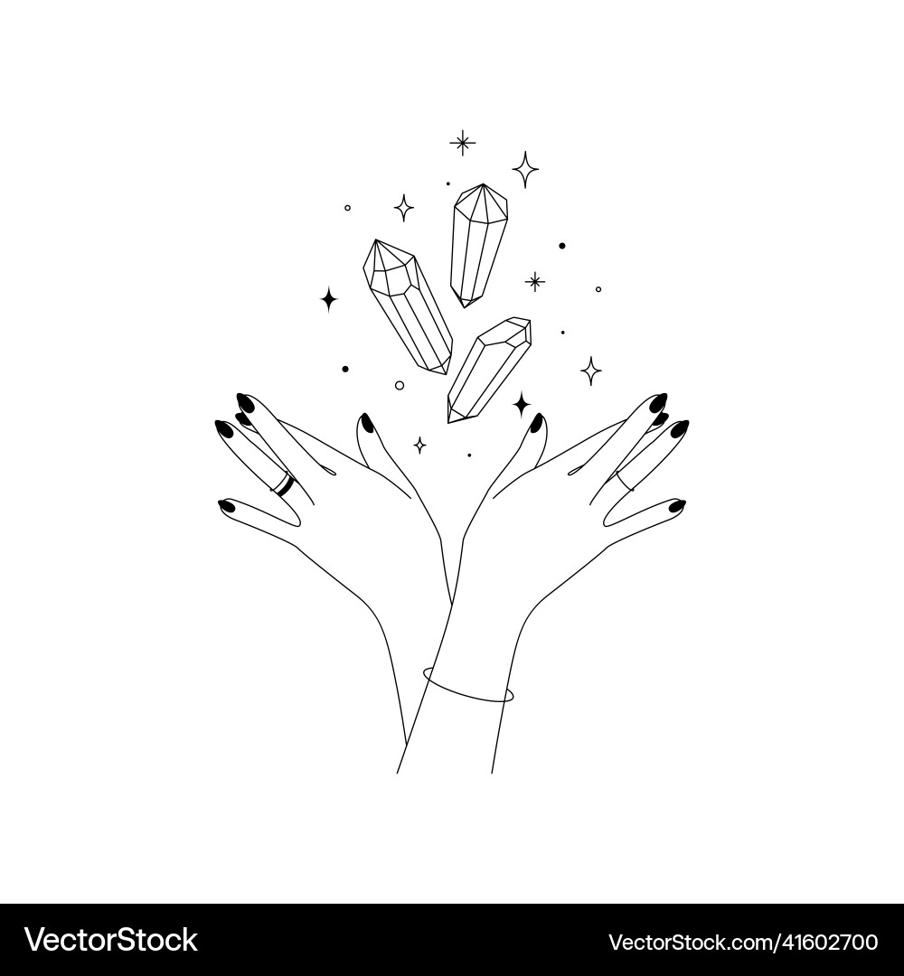 Magic hands with healing crystals in trendy linear