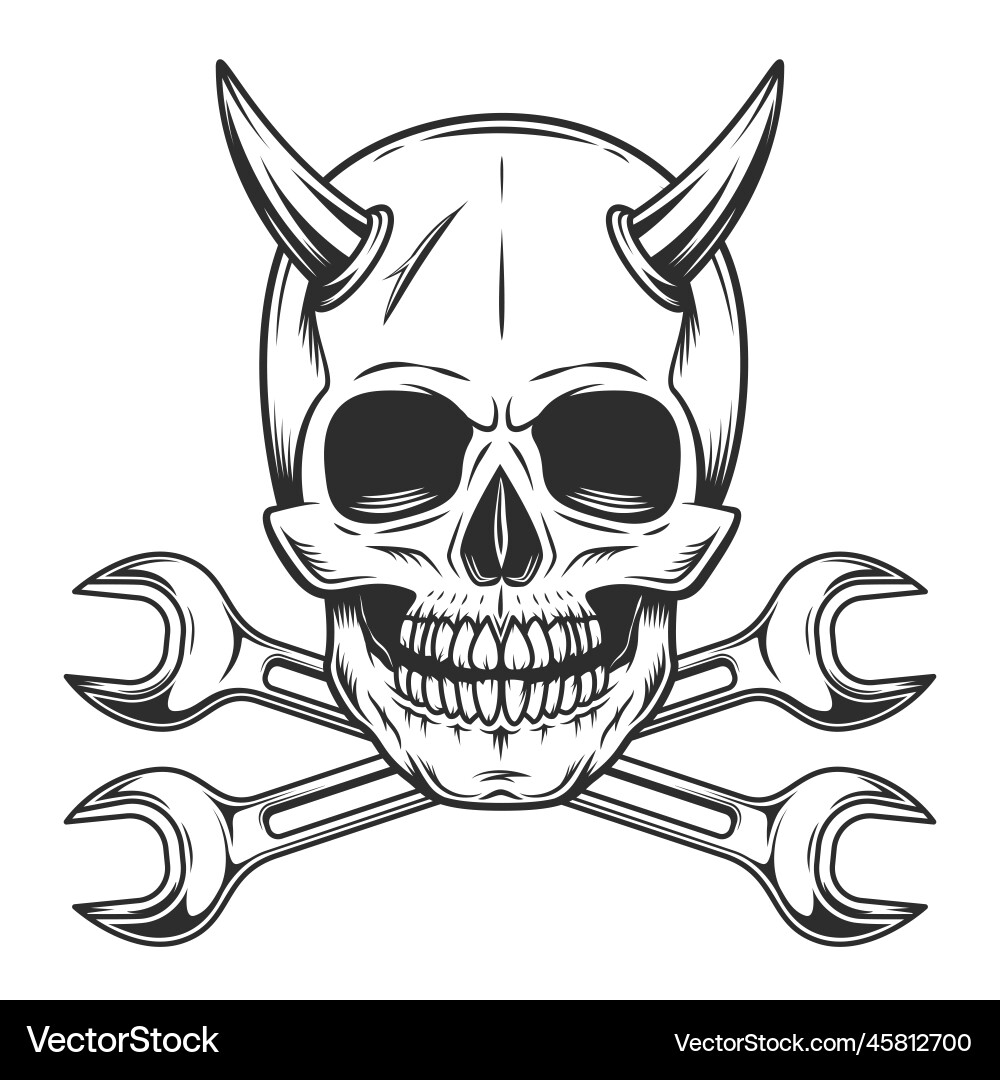 Skull with horns with service wrench spanner Vector Image
