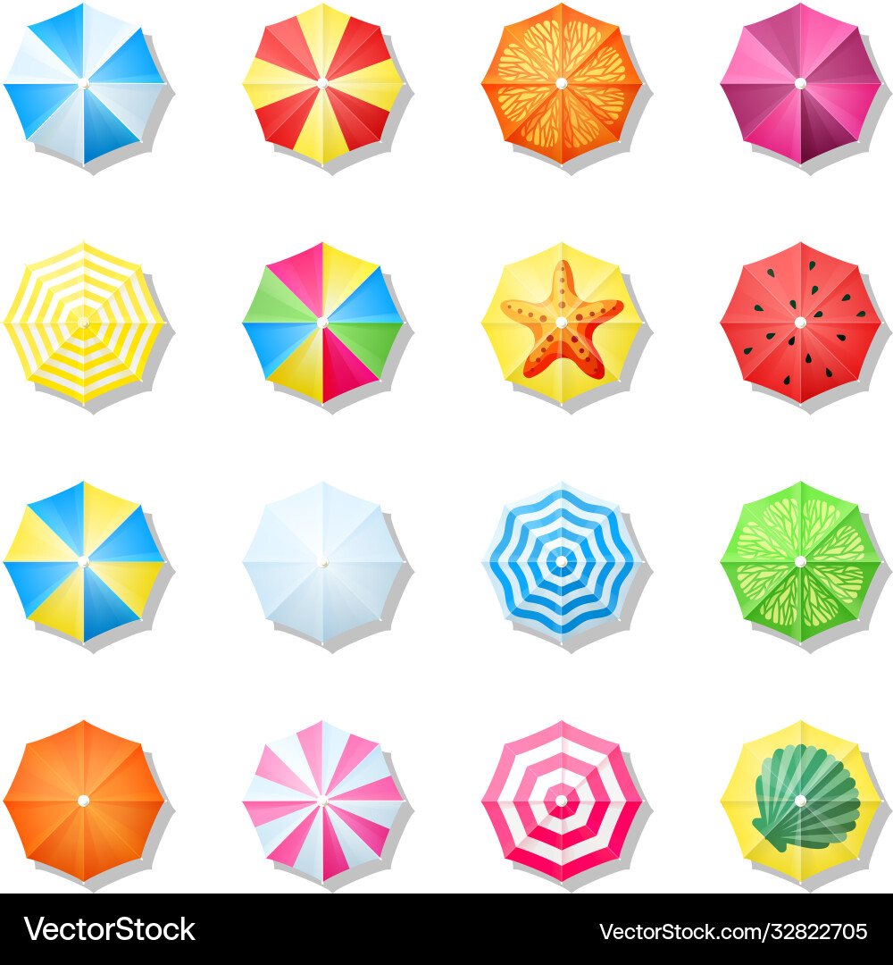 Beach umbrellas multicolored top view set leisure Vector Image