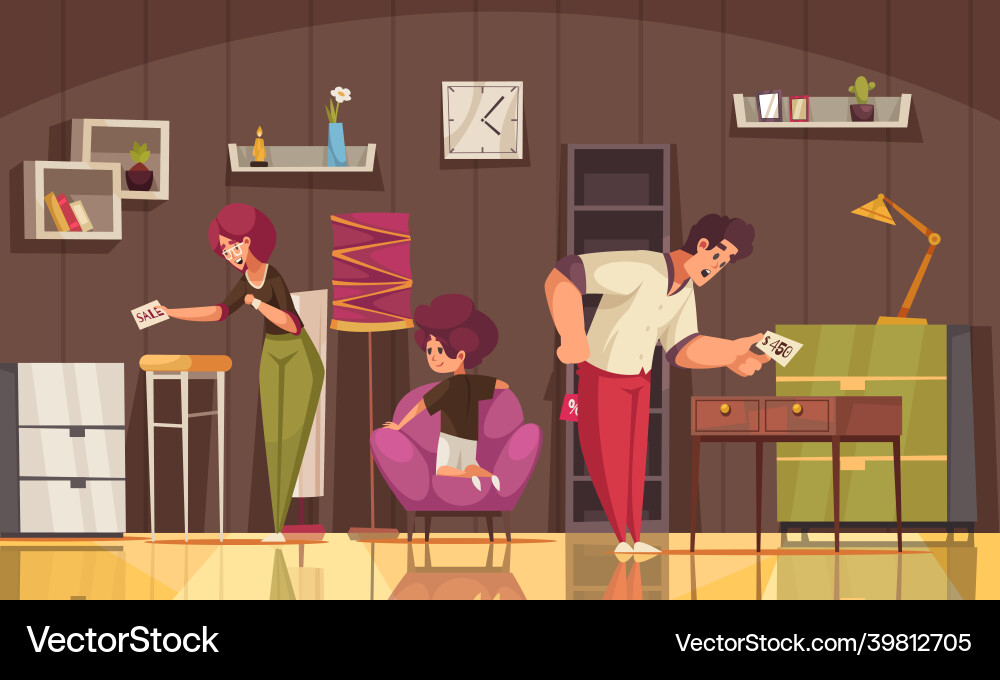 Furniture store interior cartoon composition Vector Image