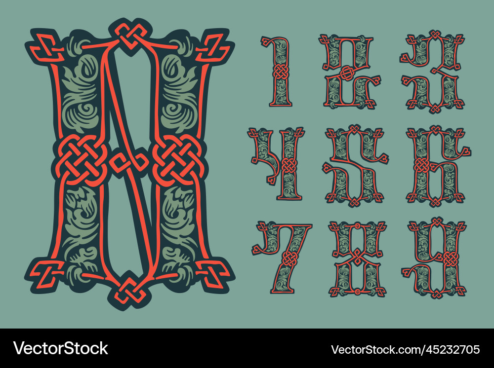 Numbers set in medieval knots lines style dim Vector Image