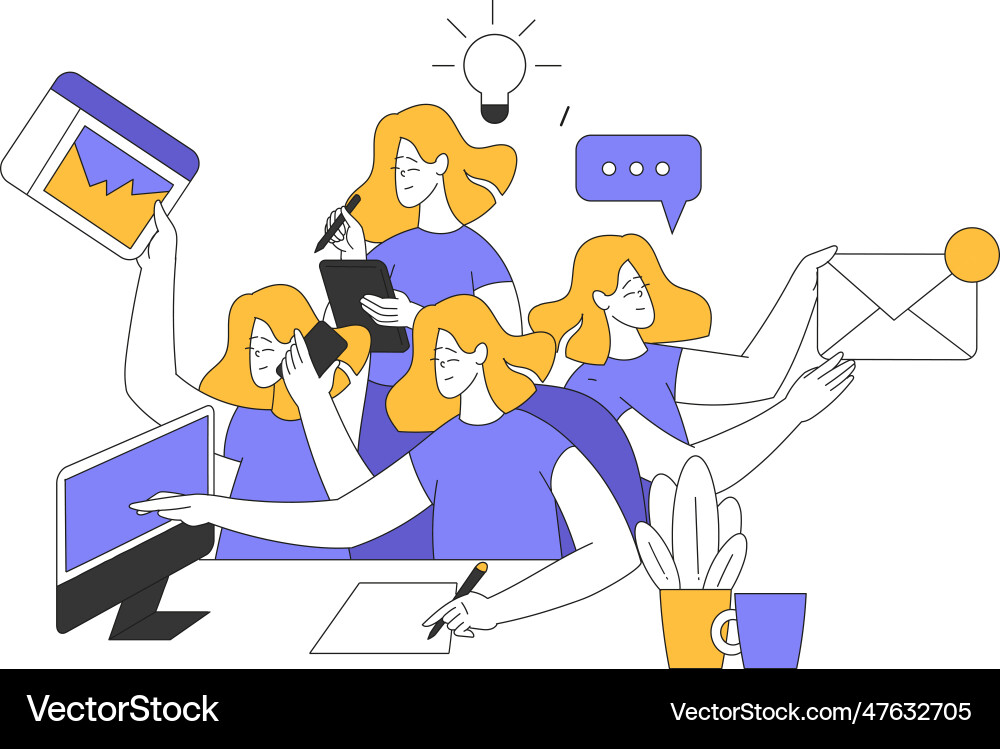 Young woman at computer multitasking accomplishing